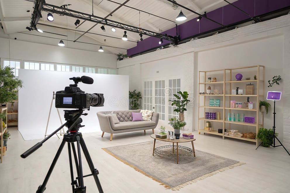 Cozy Modern Filming Studio Setup with Camera, Lights, and Soft Purple ...