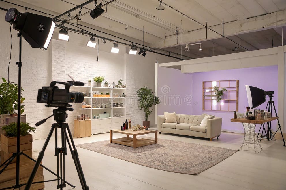 Cozy Modern Filming Studio Setup with Camera, Lights, and Soft Purple ...