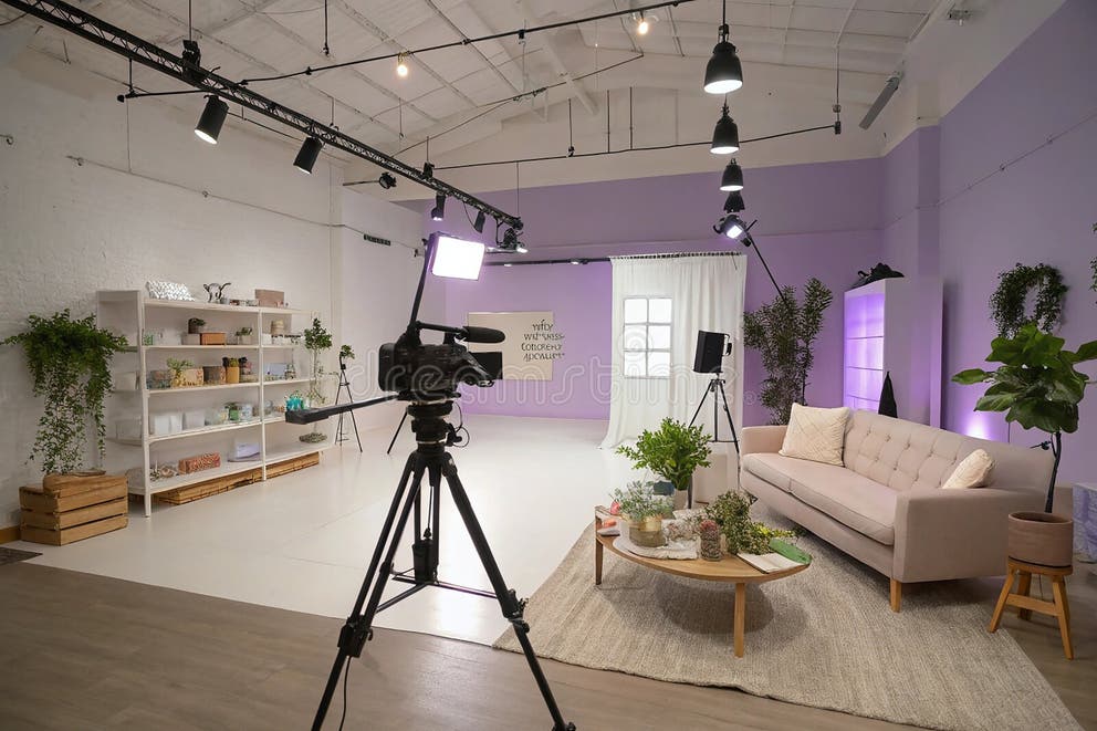 Cozy Modern Filming Studio Setup with Camera, Lights, and Soft Purple ...