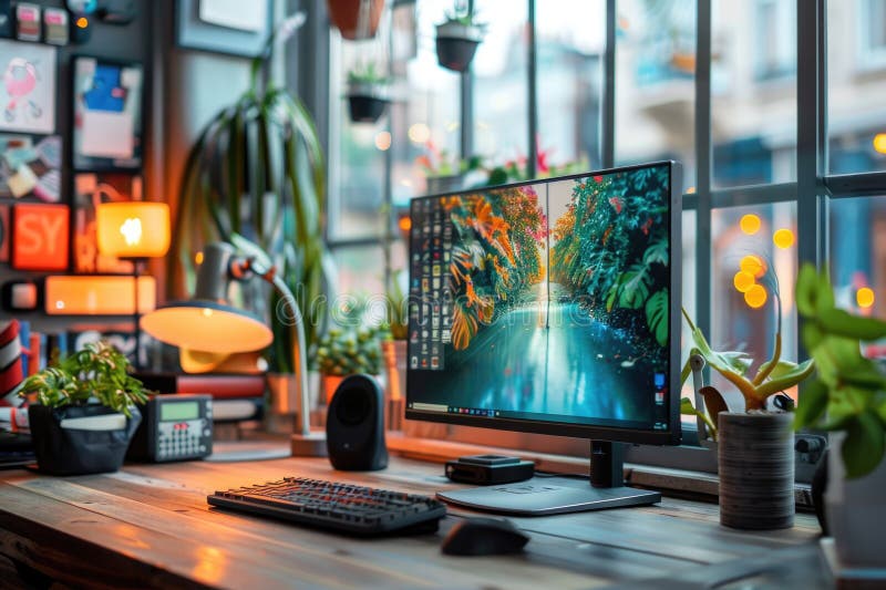 Cozy Modern Home Office with Desktop Computer and Indoor Plants by a ...