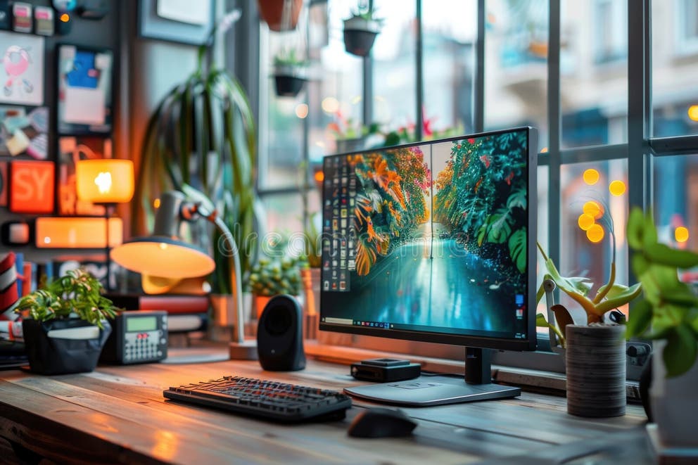 Cozy Modern Home Office with Desktop Computer and Indoor Plants by a ...