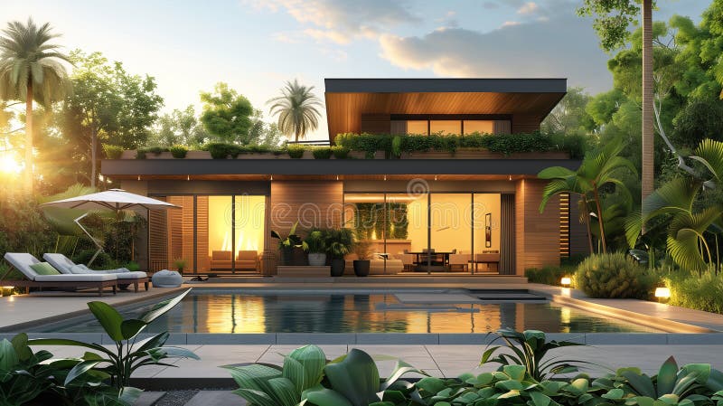 Cozy Modern House with Swimming Pool and a Green Lawn Stock Photo ...