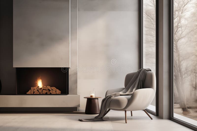 Cozy Modern Interior Featuring a Sleek Armchair and Burning Fireplace ...