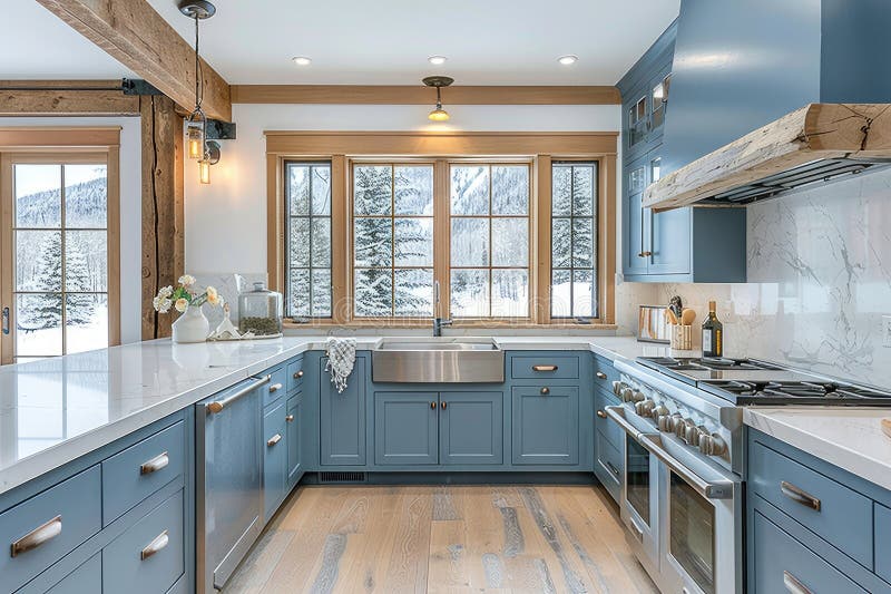 Cozy Modern Kitchen with Mountain View and Blue Cabinets Stock ...