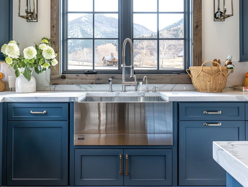 Cozy Modern Kitchen with Mountain View and Blue Cabinets Stock ...
