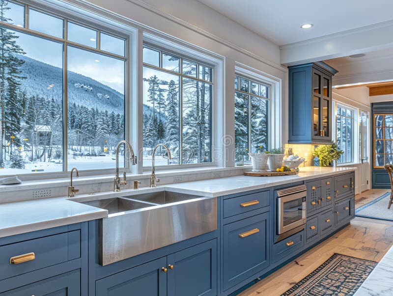 Cozy Modern Kitchen with Mountain View and Blue Cabinets Stock ...