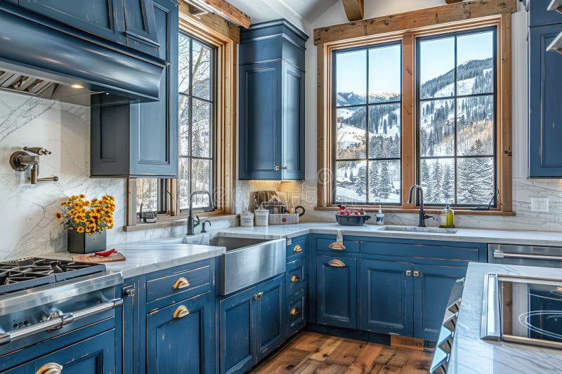 Cozy Modern Kitchen with Mountain View and Blue Cabinets Stock ...