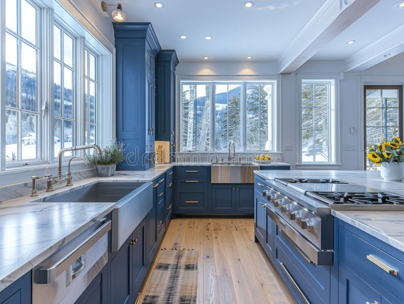 Cozy Modern Kitchen with Mountain View and Blue Cabinets Stock ...