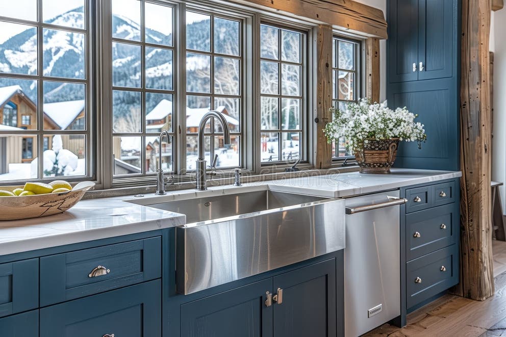 Cozy Modern Kitchen with Mountain View and Blue Cabinets Stock ...