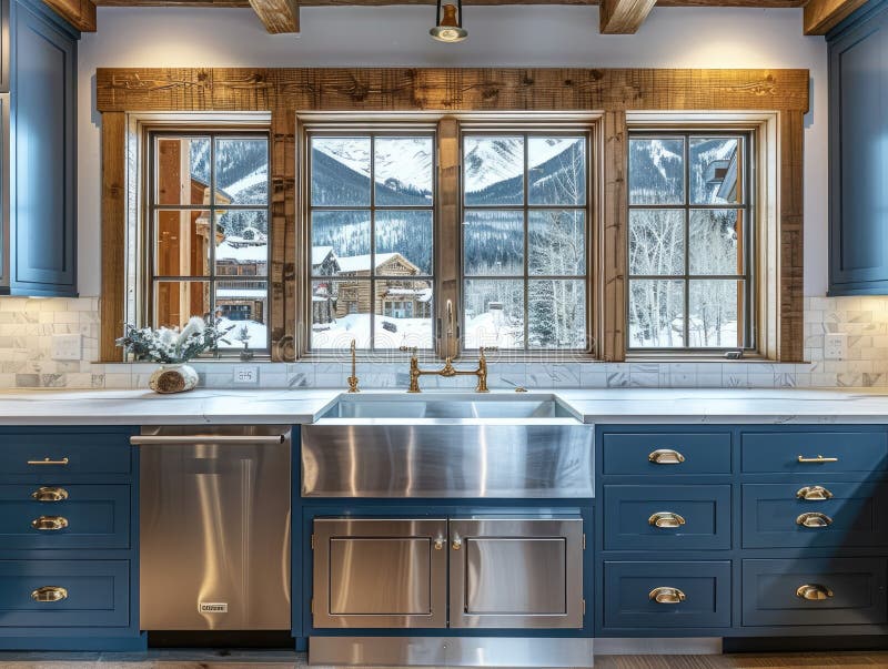 Cozy Modern Kitchen with Mountain View and Blue Cabinets Stock ...