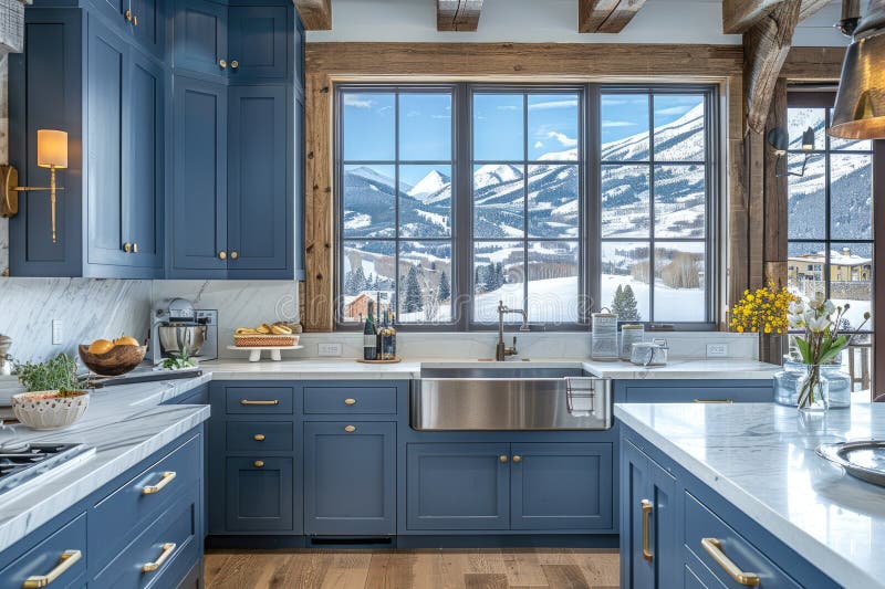 Cozy Modern Kitchen with Mountain View and Blue Cabinets Stock ...