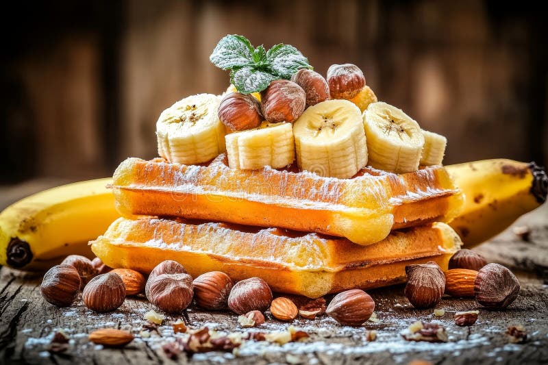 In a Cozy, Modern Kitchen, Waffles with Nutella, Banana Slices, and ...