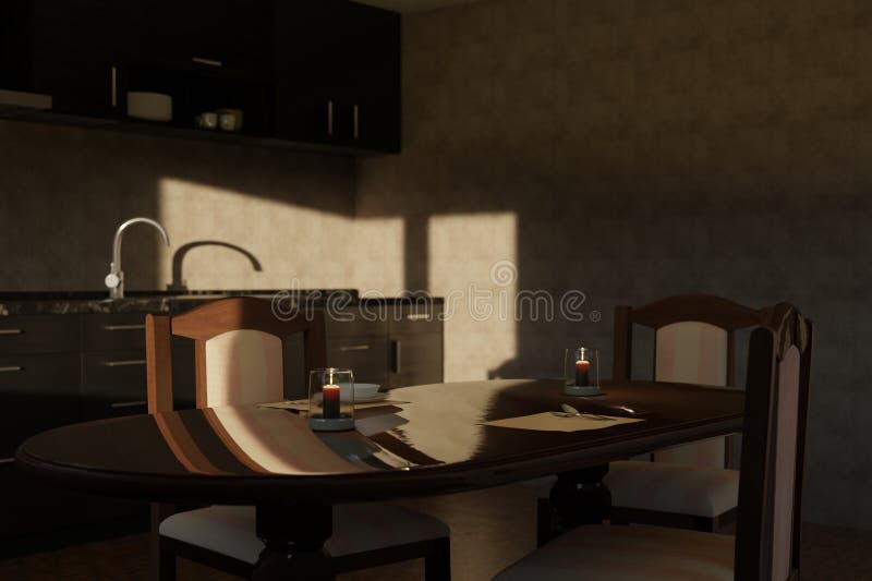 Cozy Modern Kitchen with a Wooden Table, Two Candles, and Soft Evening ...