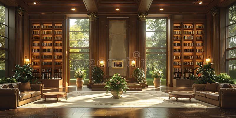 Cozy Modern Library Entryway: Wooden Bookcase & Statement Lighting ...