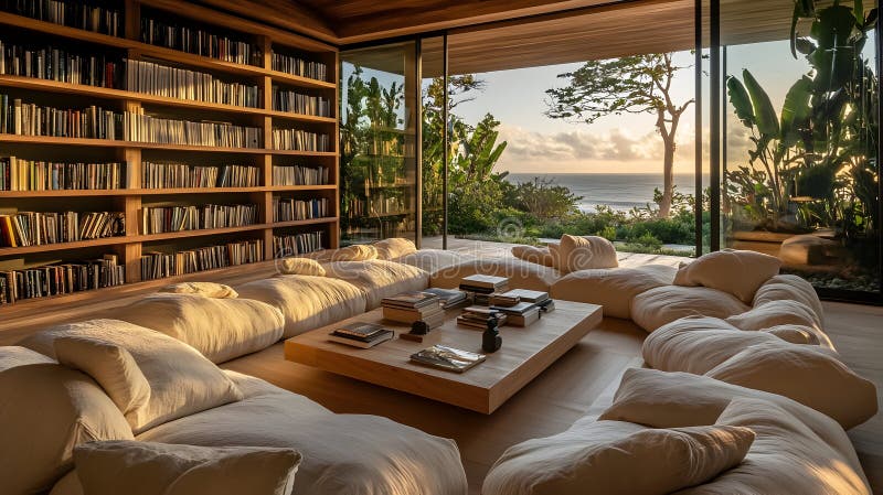 Cozy Modern Living Room with Beach View and Plush Seating at Sunset ...