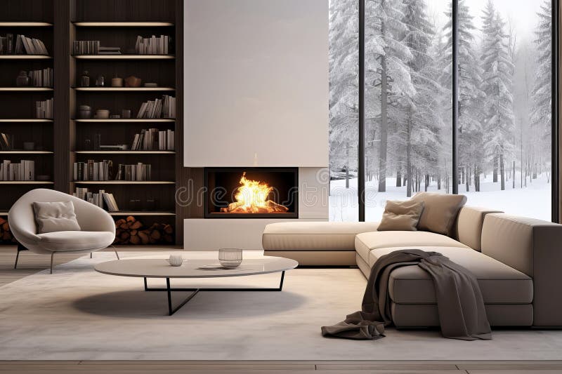 Cozy Modern Living Room with Fireplace and Large Window Overlooking ...