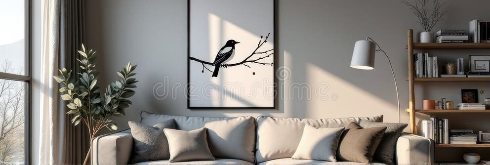 Cozy Modern Living Room with Neutral Sofa and Bird Art in Minimalist ...