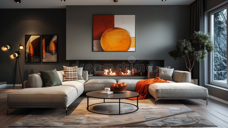 A Cozy yet Modern Living Room with a Sectional Sofa, Fireplace, and ...