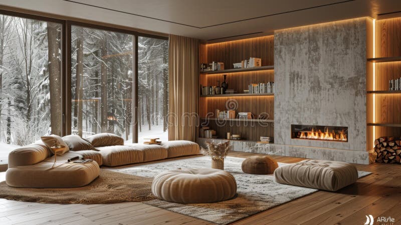 Cozy Modern Living Room in Winter - Generative Ai Stock Illustration ...