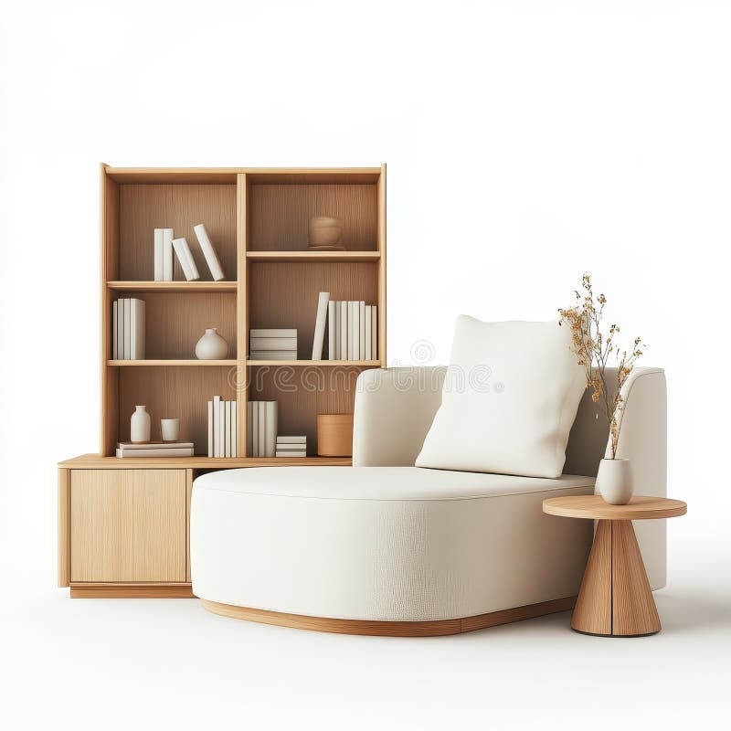 Cozy Modern Living Space Featuring a Lounge Chair, Bookshelf, and ...