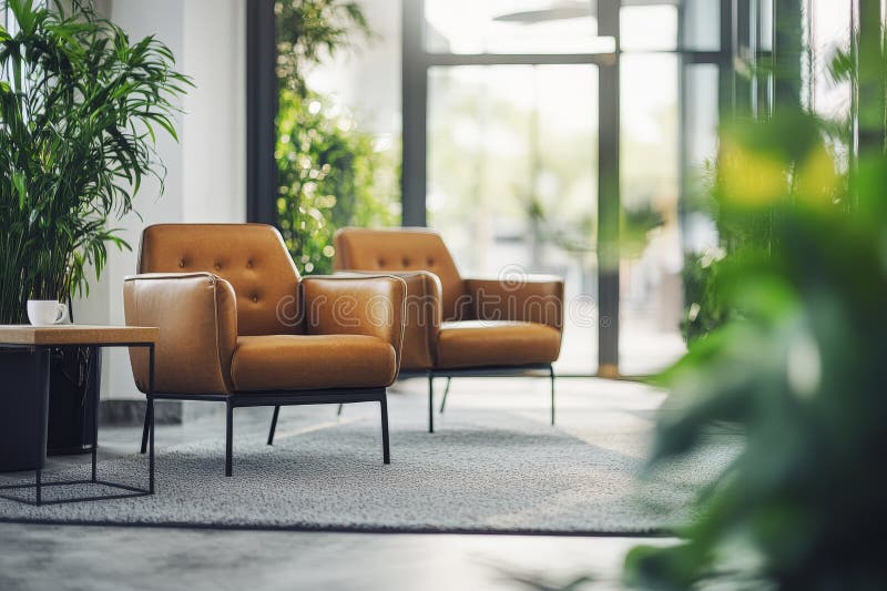 Cozy Modern Lounge Area with Leather Armchairs in Bright Office Space ...