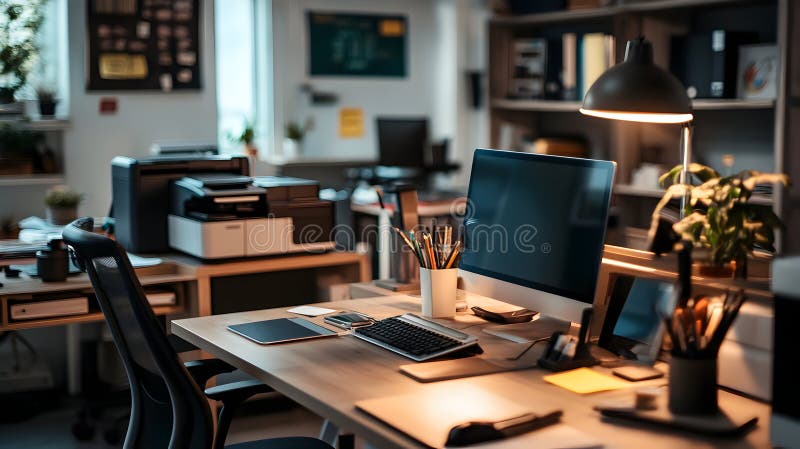 Cozy Modern Office Workspace with Computer, Lamp, and Plants Stock ...