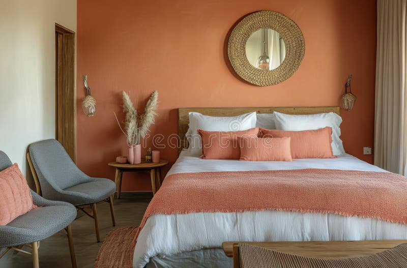 Cozy and Modern Peach-tone Bedroom Featuring Natural Light and Elegant ...