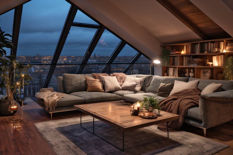 Cozy Modern Penthouse with Large Window and Sofa, View at Night City ...