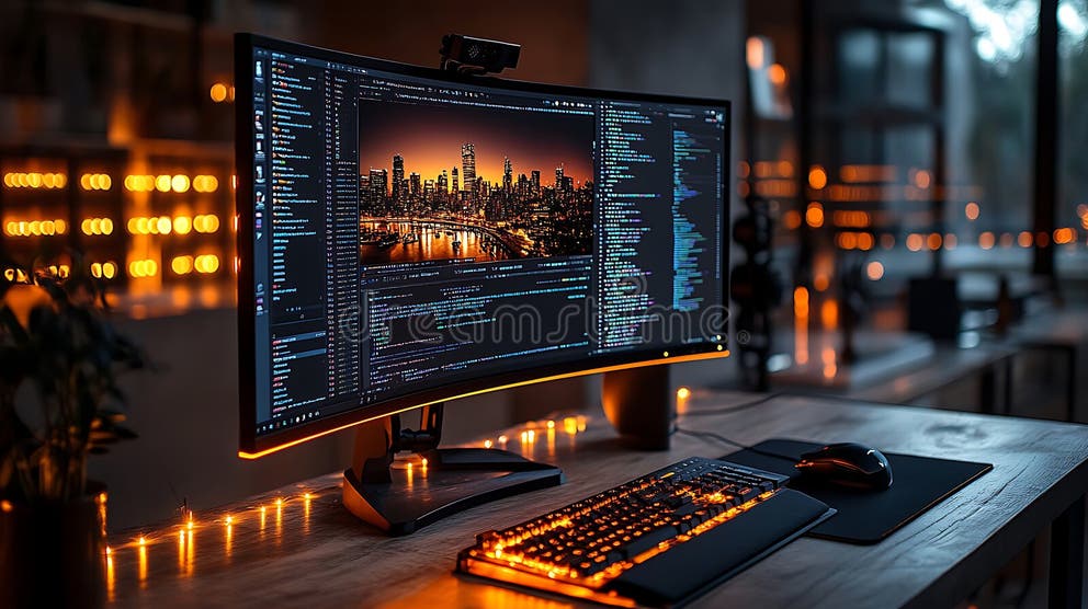 Programmers Workspace Featuring Illuminated Keyboard and a Large Curved Monitor Displaying Code ...
