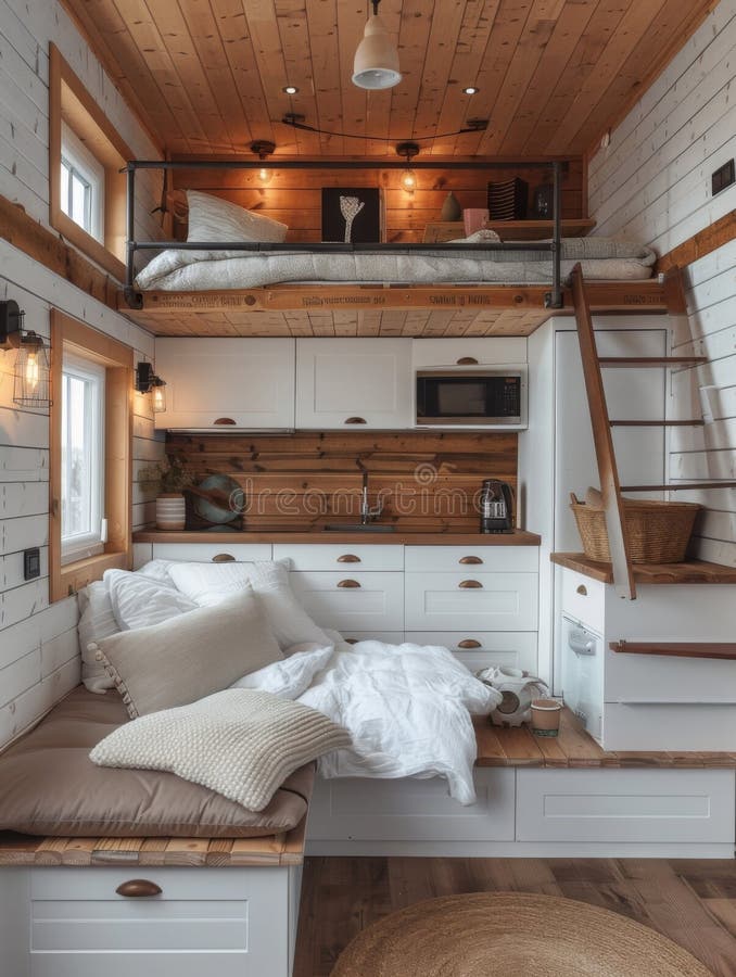 Cozy Modern Tiny House Interior with Loft Bed and Kitchen in Rustic ...
