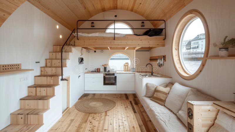 Cozy Modern Tiny House Interior with Loft in Wooden Cabin in Forest ...