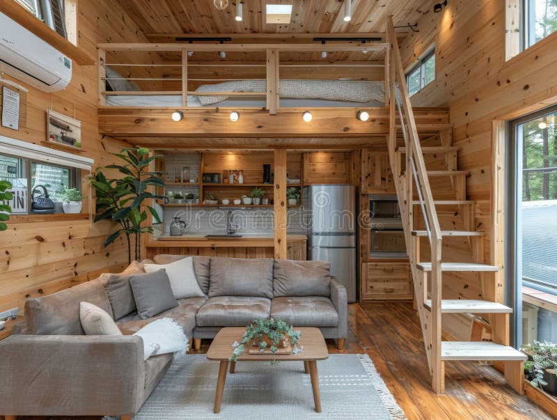Cozy Modern Tiny House Interior with Loft, Wooden Design, and Bright ...