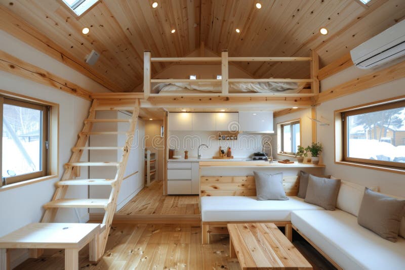 Modern Tiny House Interior Design Loft Warm Lighting Stock Photos ...