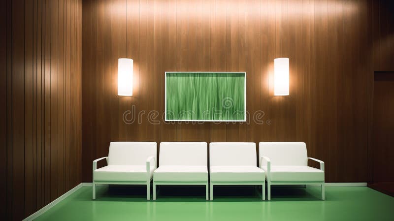 Cozy Modern Waiting Room: Green Wall with Wood Cladding & Sleek White ...