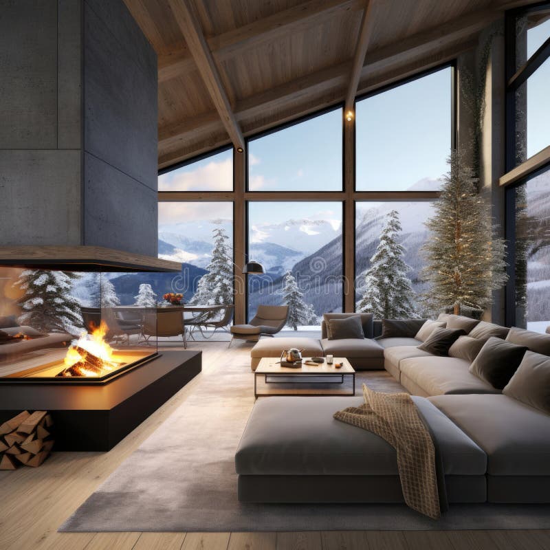 Cozy Modern Winter Living Room Interior with a Modern Fireplace Stock ...