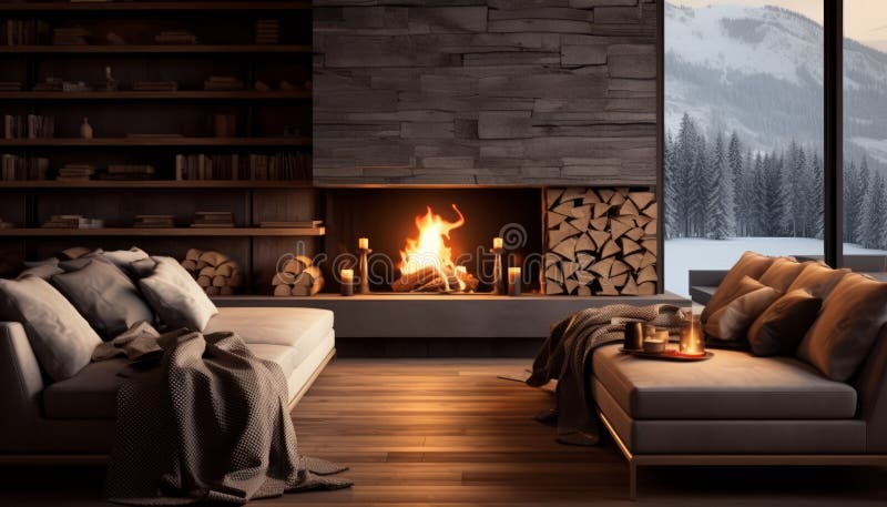 Cozy Modern Winter Living Room Interior with a Modern Fireplace in a ...