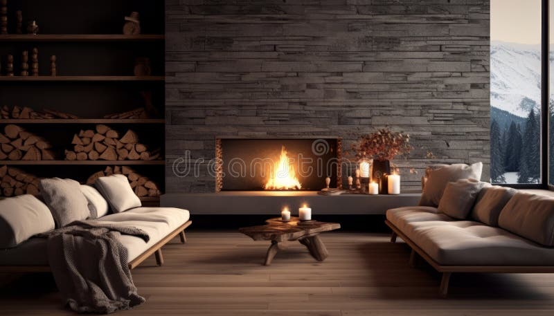 Cozy Modern Winter Living Room Interior with a Modern Fireplace in a ...