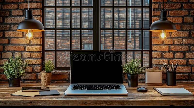 Cozy Modern Workspace with Laptop and Brick Wall Background Stock ...
