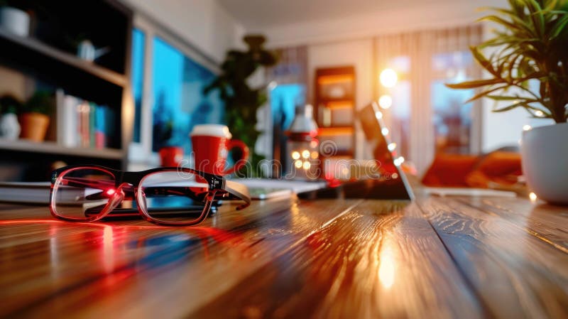Cozy Modern Workspace with Wooden Desk and Glasses in Evening Light ...