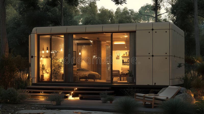 Cozy Modular Tiny Home with a Foldable Terrace Under Warm Evening Light ...