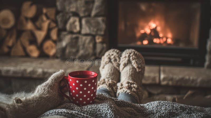 The Cozy Moment by the Fireplace with a Warm Beverage and Comfort Items ...