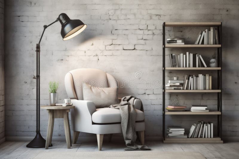A Cozy Monochrome Reading Corner with a Floor Lamp Stock Illustration ...