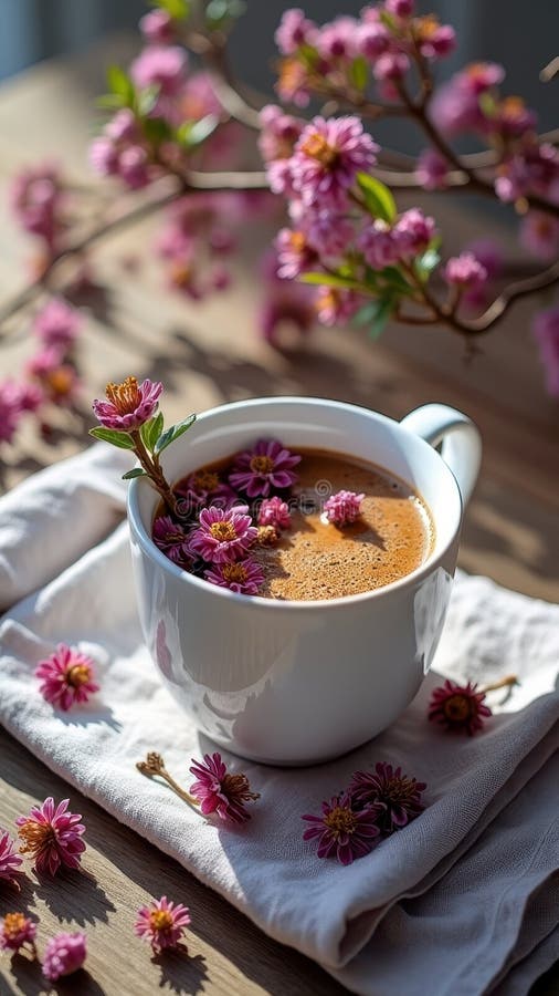 Cozy Morning Coffee with Blossoms in Sunlight Stock Image - Image of ...
