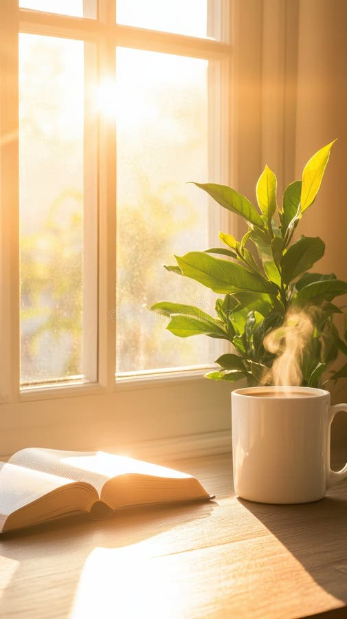 Cozy Morning with Coffee, Book, and Window View Stock Illustration ...