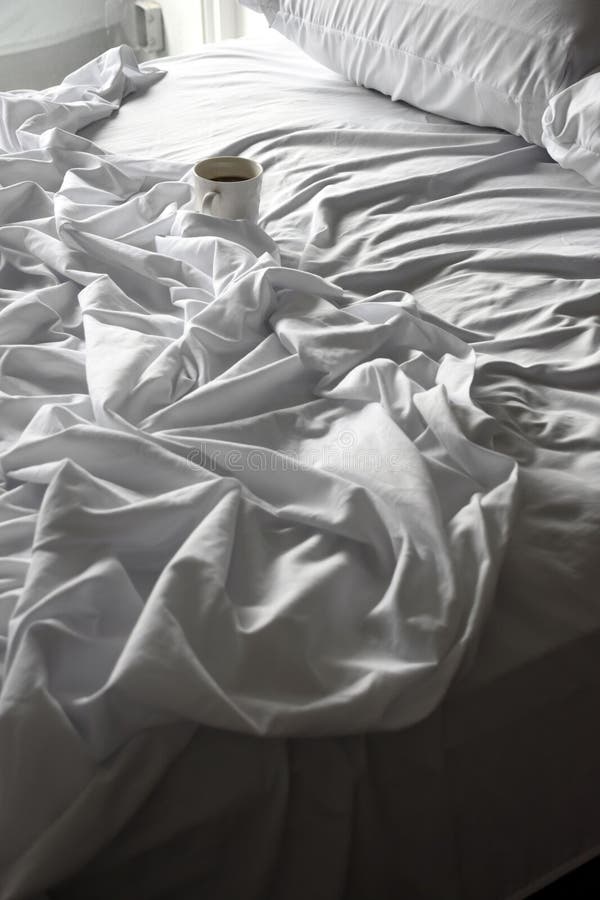 Cozy Morning with Coffee on a Rumpled Bed. Stock Photo - Image of white ...