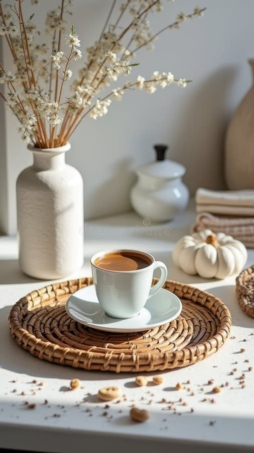Cozy Morning Coffee with Wicker Decor and Autumn Vibes Stock Image ...