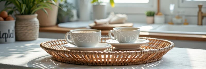 Cozy Morning Kitchen Scene Sunlit Coffee Cups Wicker Tray Stock Photos ...