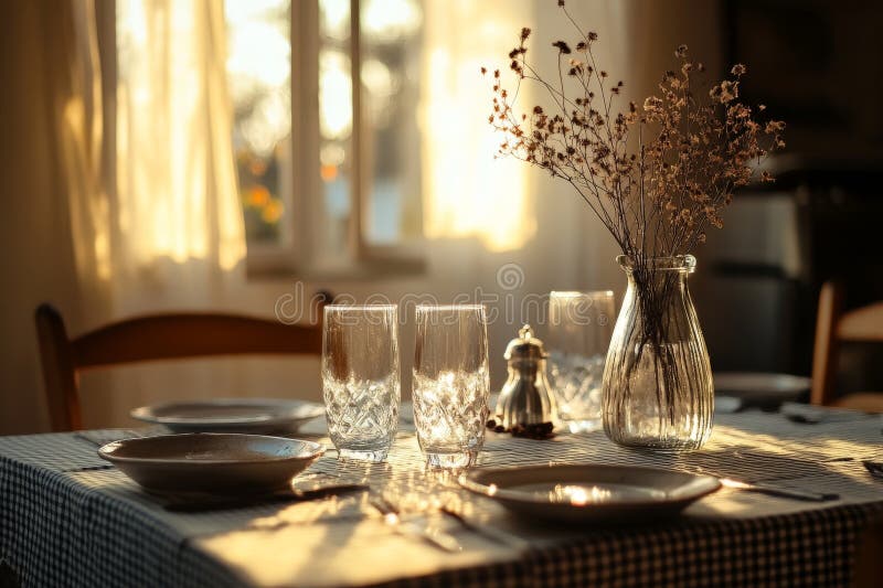 Cozy Morning Light on Rustic Dining Table with Elegant Tableware and ...