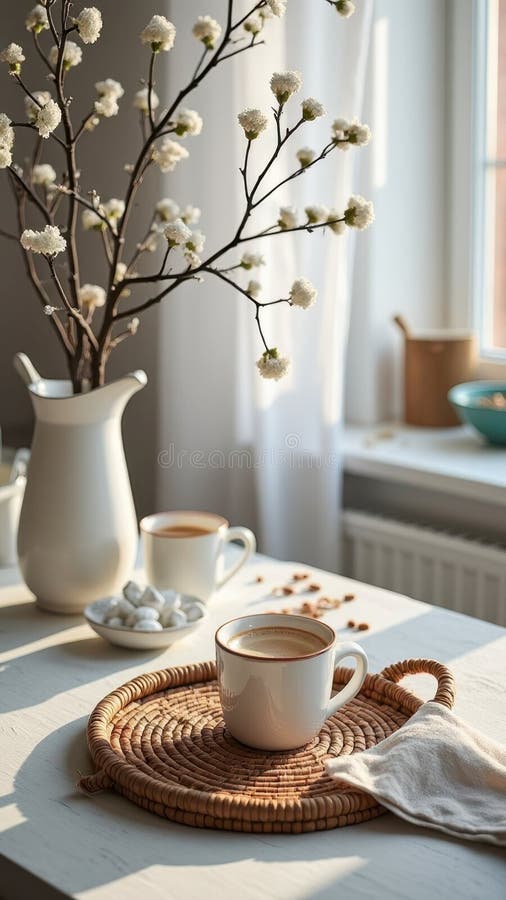 Cozy Morning Scene with Coffee, Floral Decor, and Sunlit Interior Stock ...
