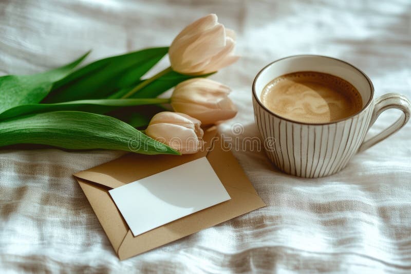 Cozy Morning Scene with Coffee, Tulips, and a Blank Envelope Stock ...